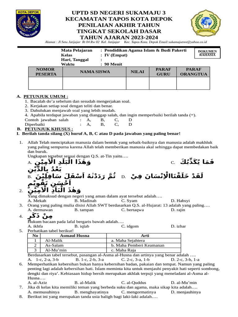 Soal Pat Pai Kurmer Kls 4 2023-2024 | PDF