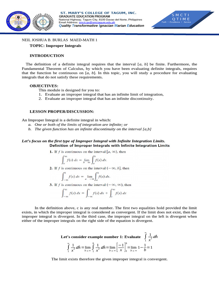 Improper Integral Summary Final | PDF