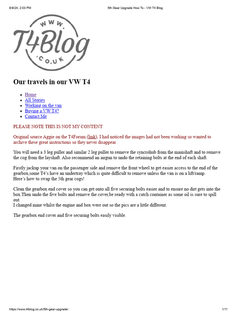 5th Gear Upgrade How To - VW T4 Blog | PDF