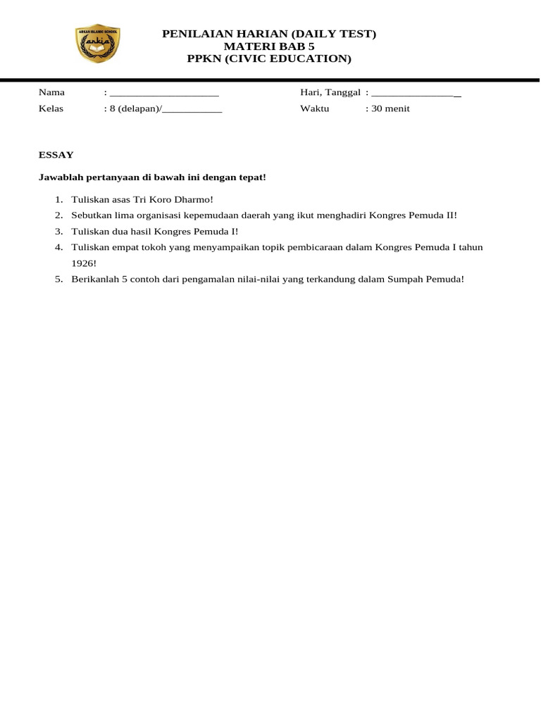 Soal PH Essay PKN 8 Bab 5 | PDF