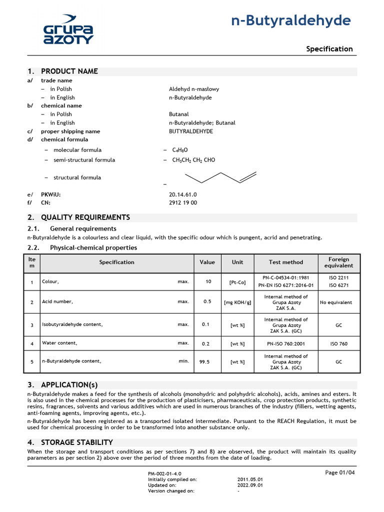 01 N-Butyraldehyde PDS 2022.09.01 EN | PDF
