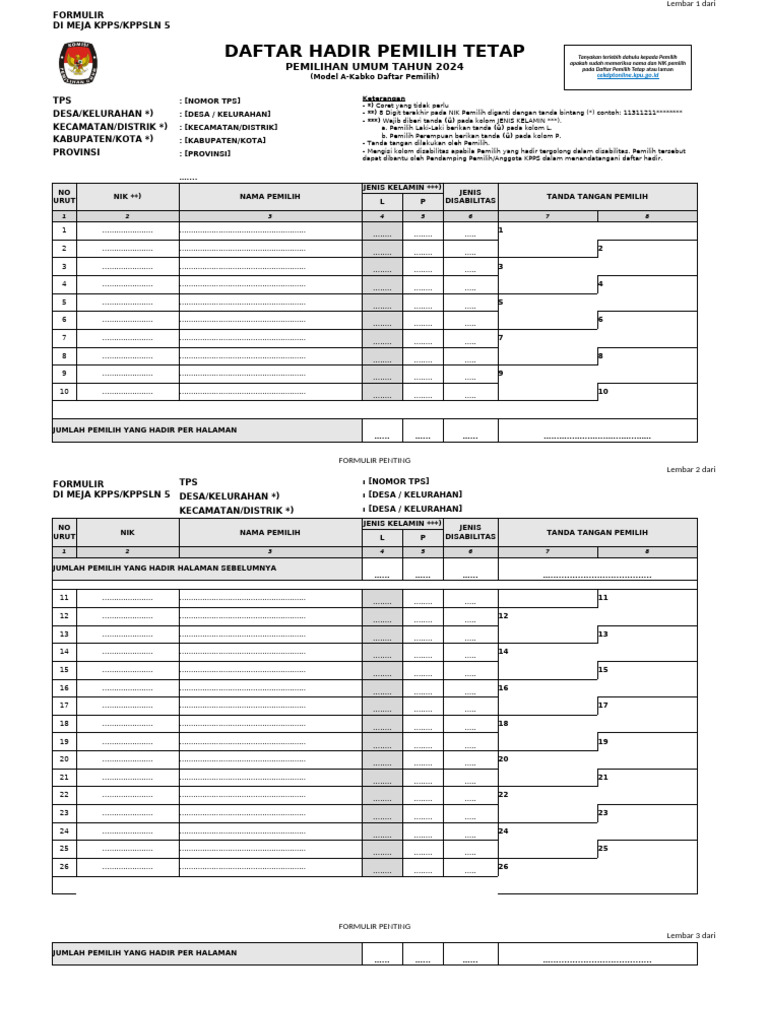 Draft Daftar Hadir Di TPS Bersih | PDF