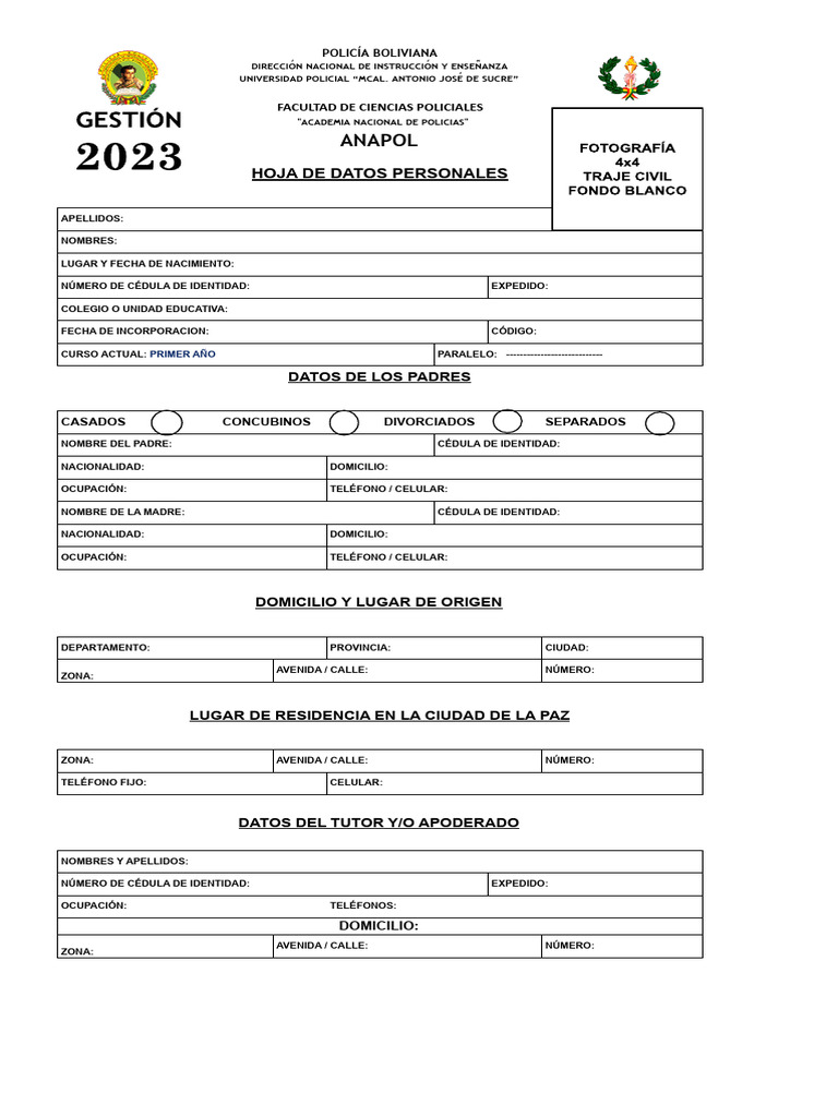 ANAPOL FORMULARIO DE DATOS PERSONALES 2023.xlsx - DATOS GRALES. | PDF