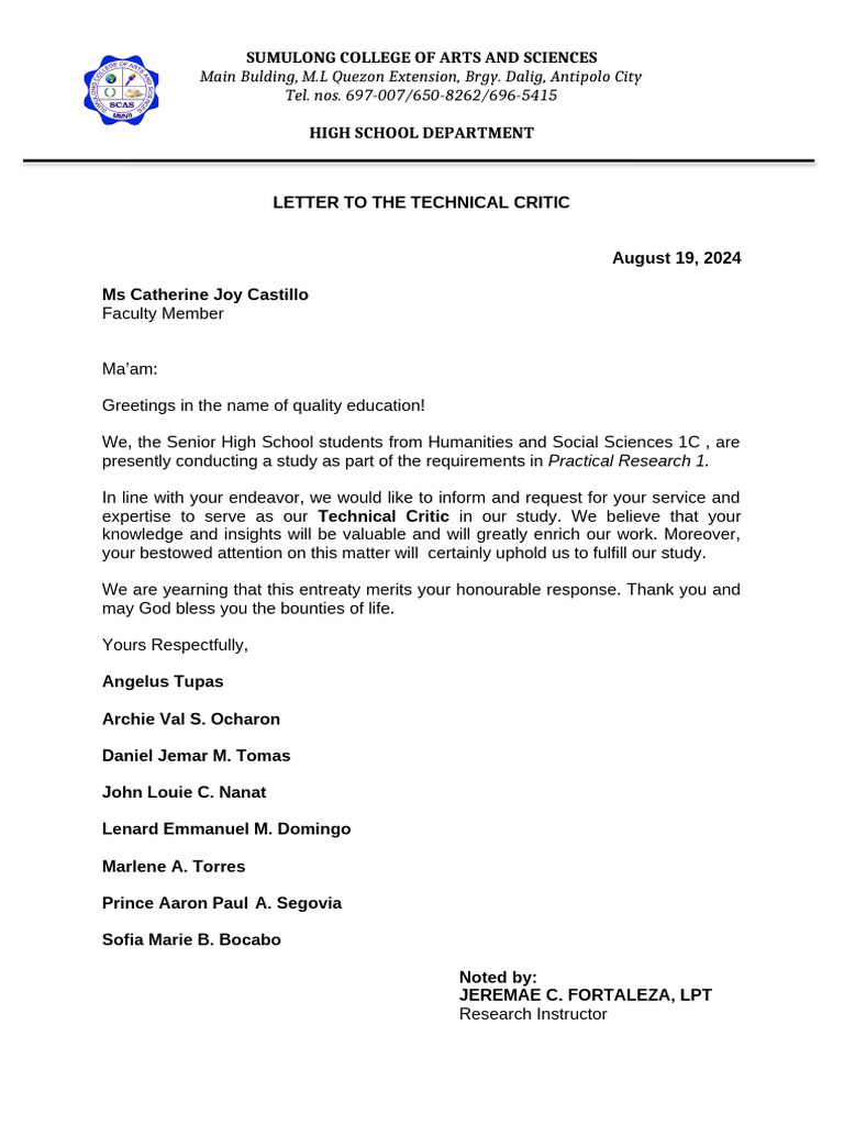 Letter To The Critic Template Miss 1 | PDF