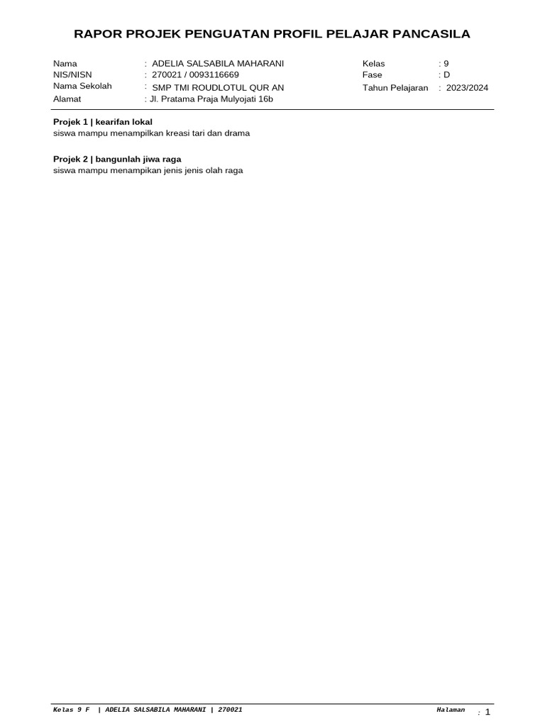 Rapor p5 Kls Kelas9f | PDF