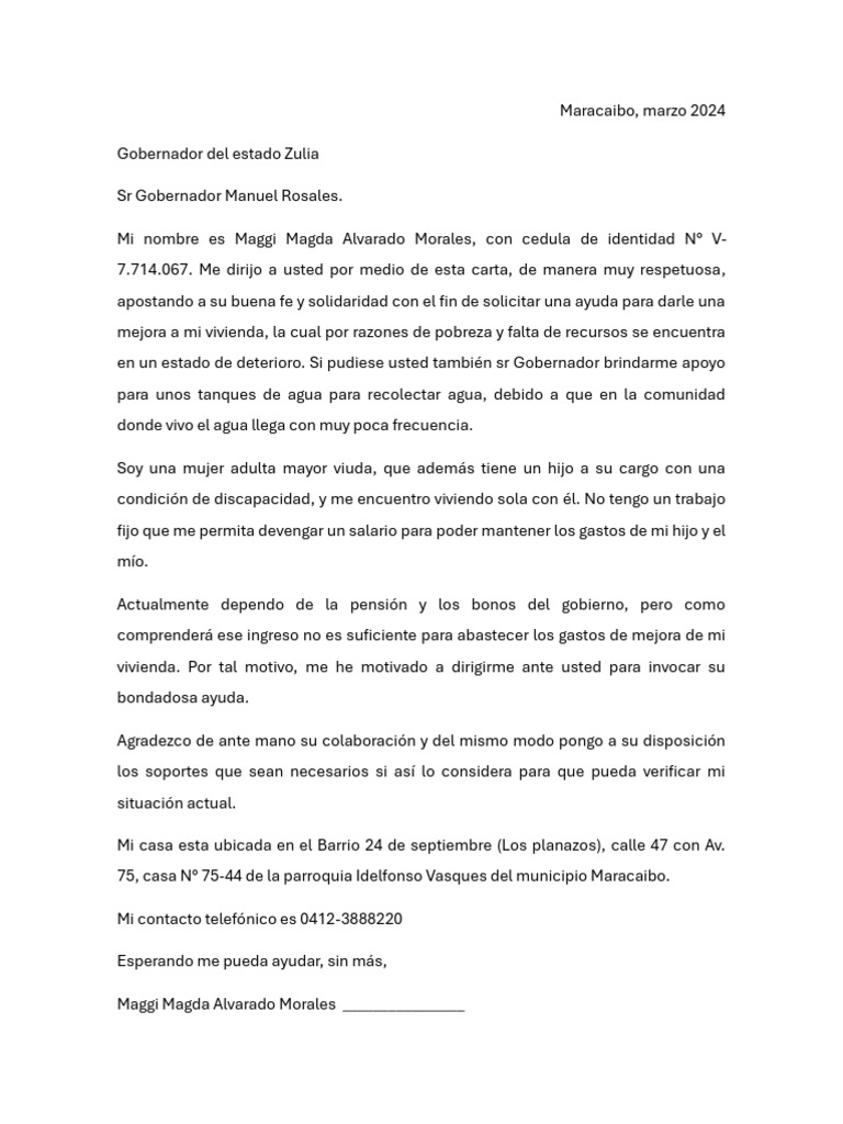 Modelo Carta Ayuda Social Gobernacion | PDF