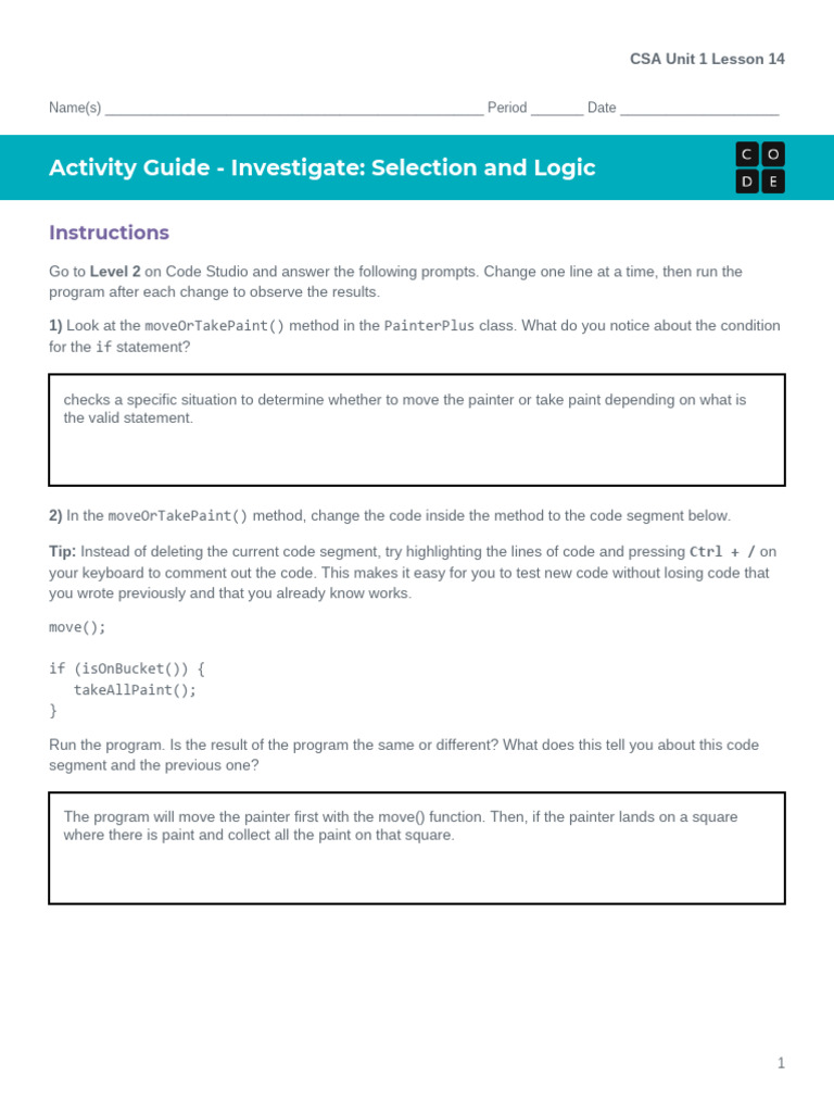 U1L14 Investigate Selection and Logic | PDF