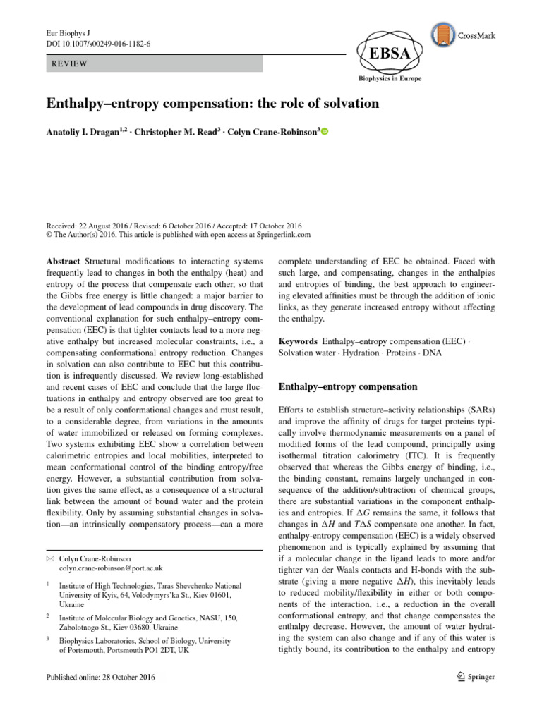 Enthalpy-Entropy Compensation The Role of Solvatio | PDF