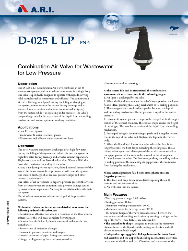 D-025 L LP: Combination Air Valve For Wastewater For Low Pressure | PDF