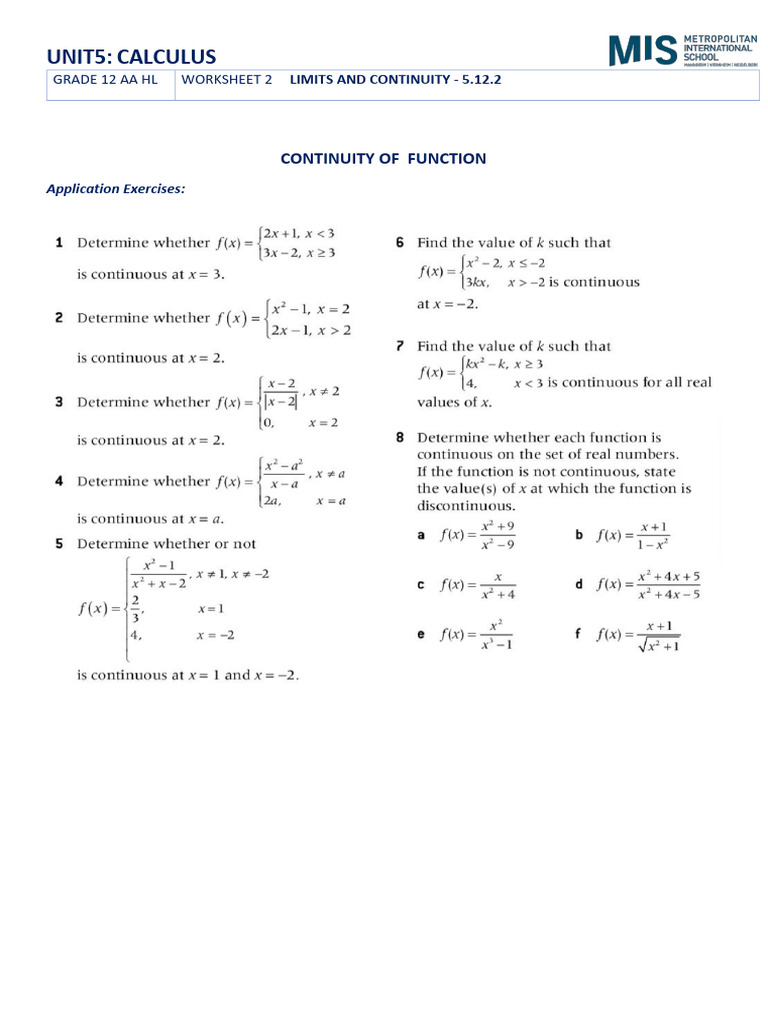 Unit5 Worksheet2 Continuity | PDF