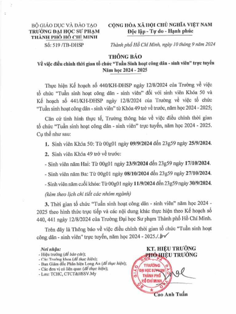 519-TB điều chỉnh thời gian tổ chưcj SHCD 2024-2025 (trực tuyến) | PDF