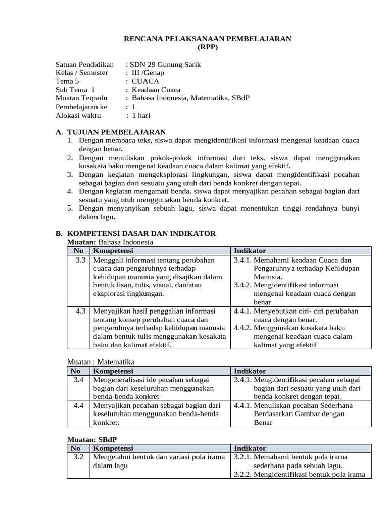 RPP Tema 5 Subtema 1 PB 1 | PDF | Cognition | Learning