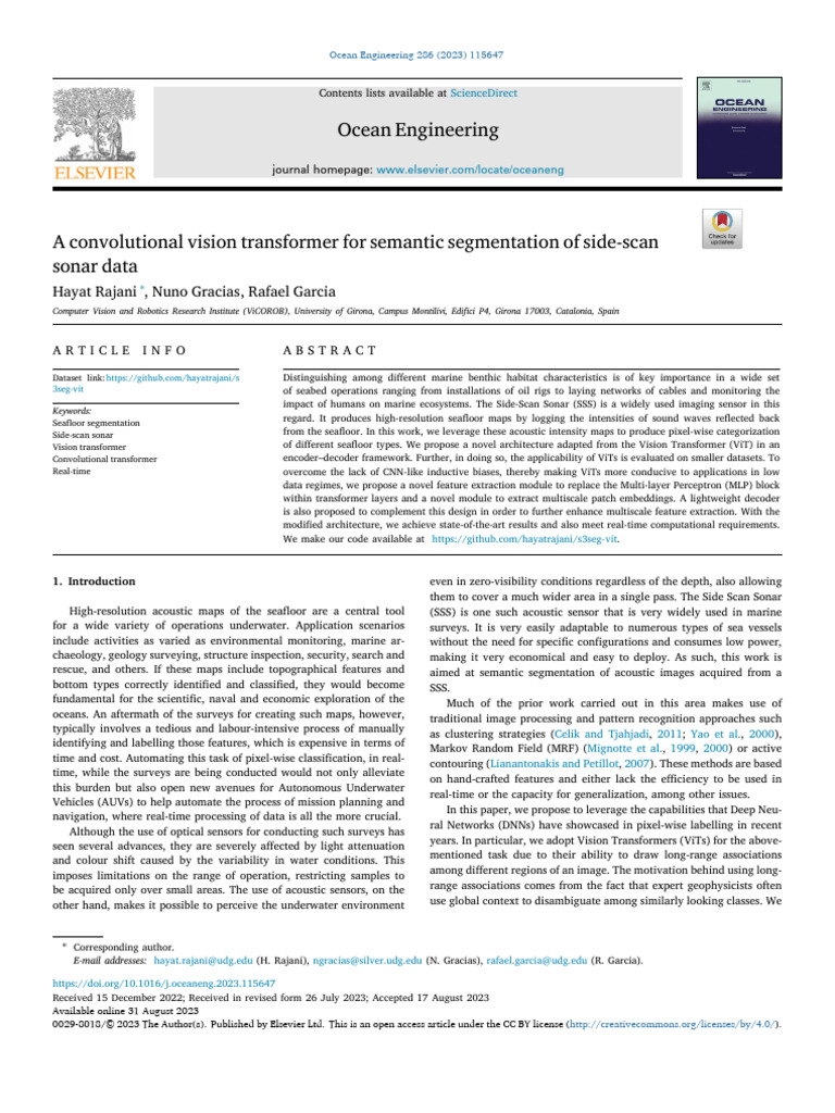 Aconvolutionalvision Transformer For Semantic Segmentationofside-Scan Sonar Data | PDF