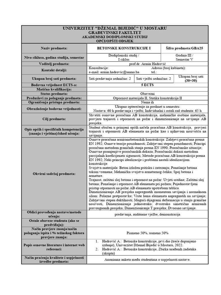 Betonske Konstrukcije 1 | PDF