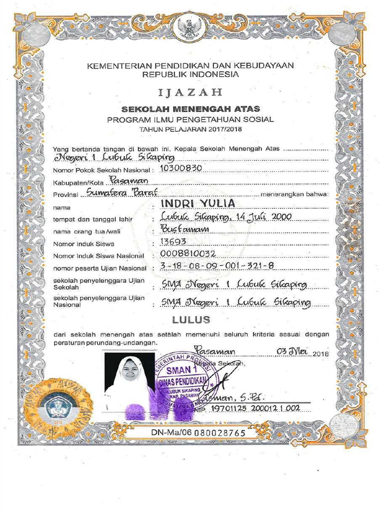 Ijazah Indri Yulia | PDF