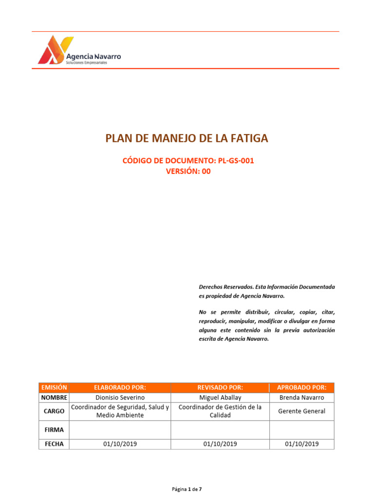 PL-GS-001 Plan de Manejo de La Fatiga | PDF