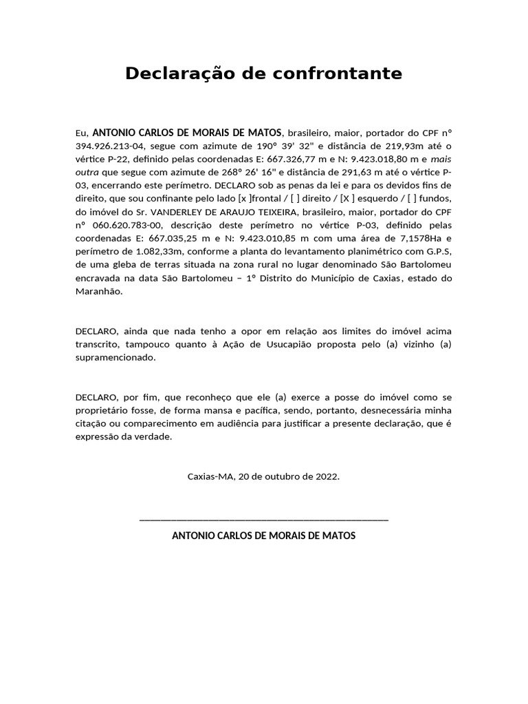 Declaração de Confrontante | PDF Declaração de Confrontante | PDF