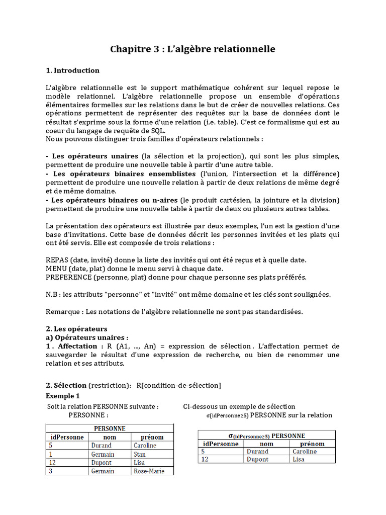 Chapitre - 3 - L'algèbre Relationnelle | PDF