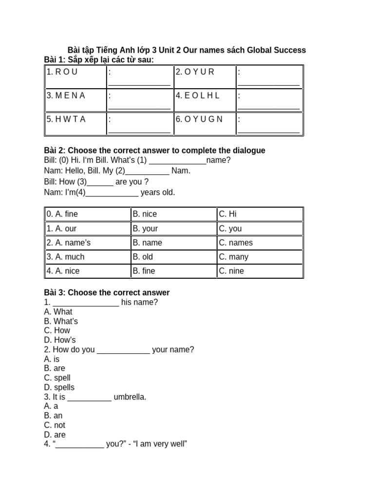 Bài tập Tiếng Anh lớp 3 Unit 2 Our names sách Global Success | PDF