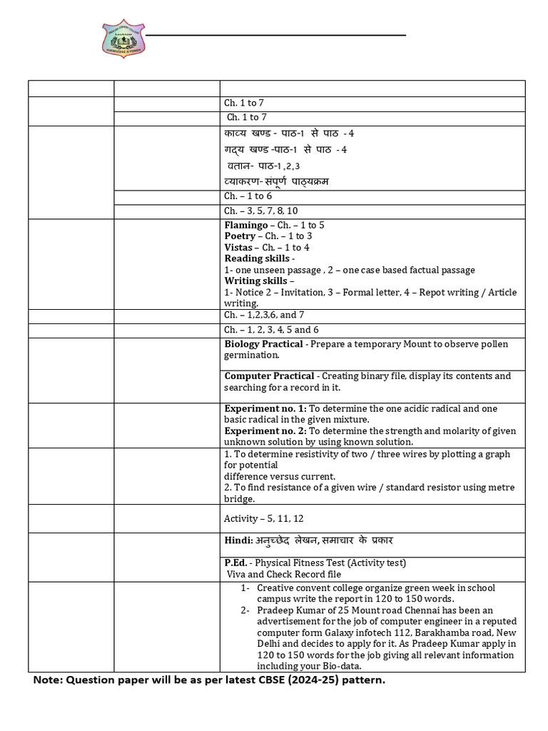 Class 12 CBSE Half Yearly Exams 2024-25 | PDF