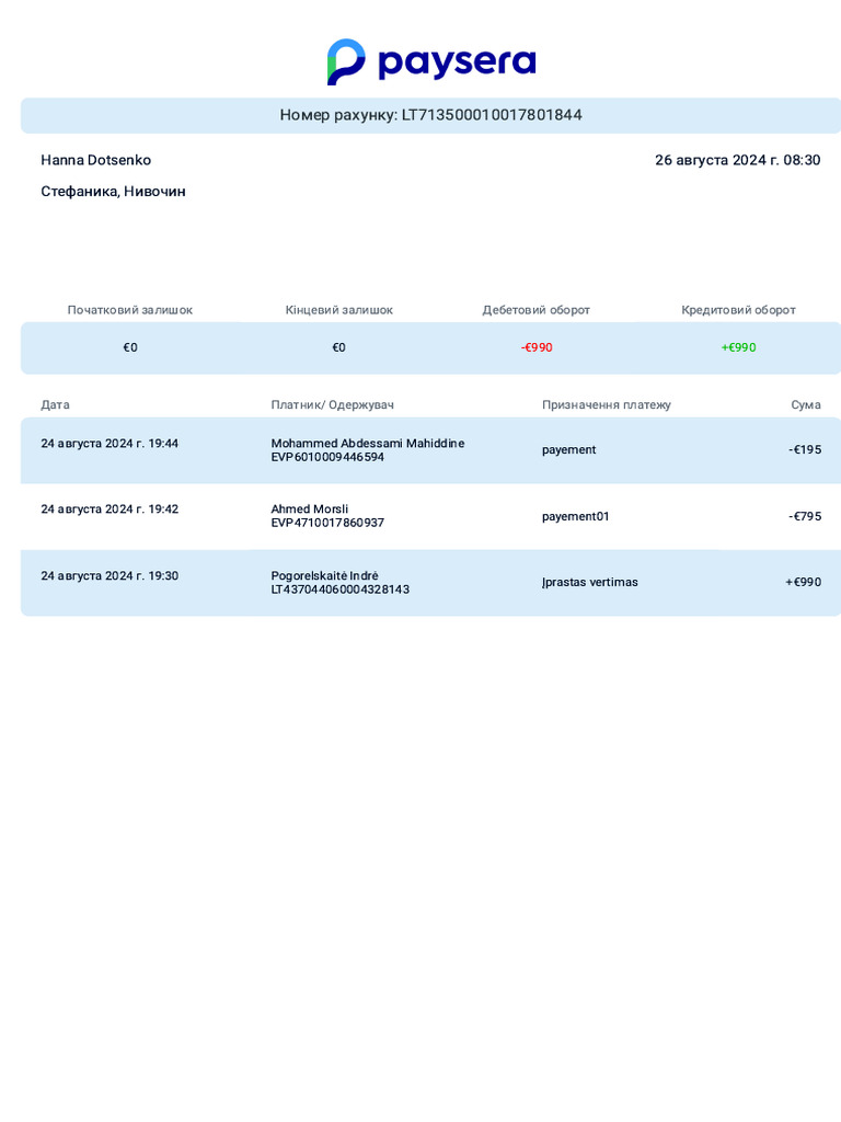 Paysera Statement - 2024 08 26 - 08 30 58 | PDF