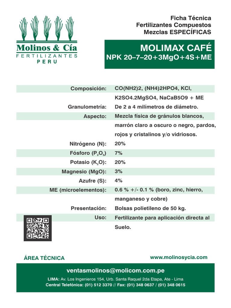 Fertilizante MOLIMAX CAFÉ NPK 20-7-20 | PDF