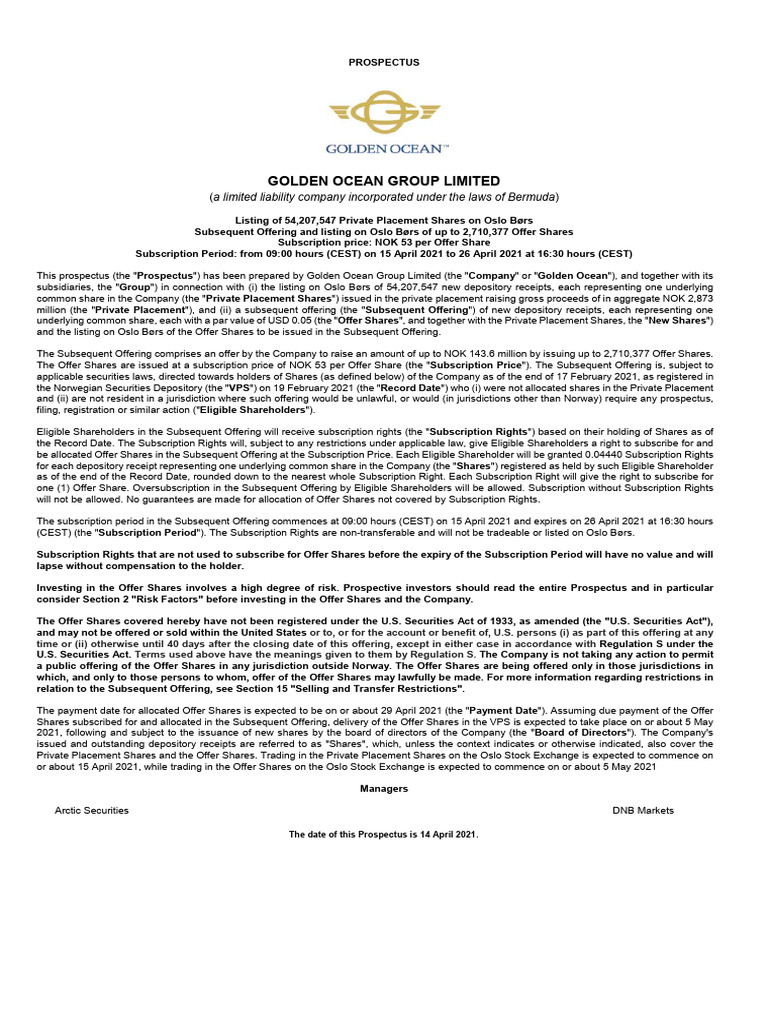 Golden Ocean Group Limited Prospectus Incl. Appendices | PDF
