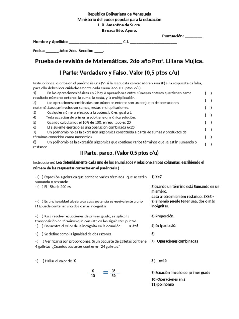 modelo prueba de reparacion 2do año | PDF