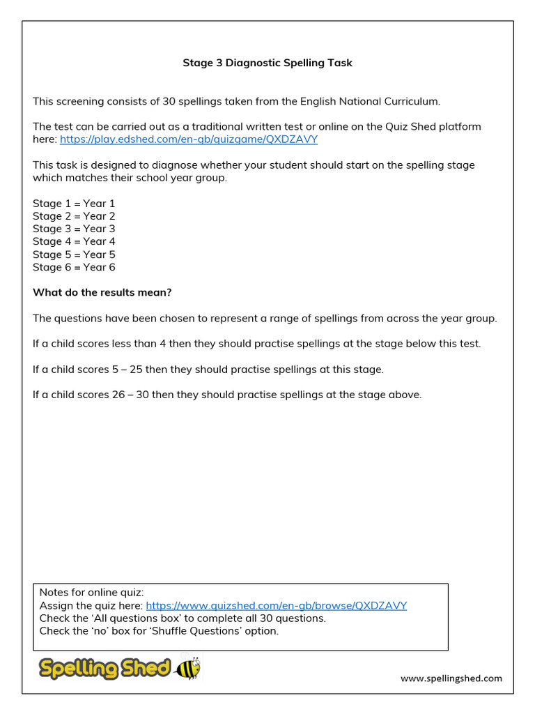 Stage 3 Spelling Diagnostic Quiz - Stage 3 Spelling Diagnostic Quiz | PDF