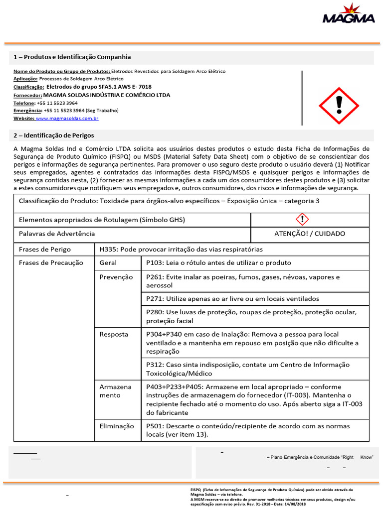 MAGMA MGM 18 (AWS E-7018 - NBR 14725-2 GHS Rev00 - 13.06.2023 | PDF