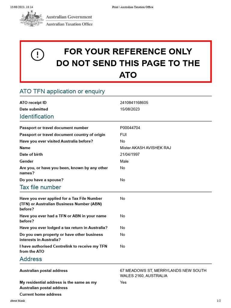 For Your Reference Only Do Not Send This Page To The ATO: ATO TFN ...