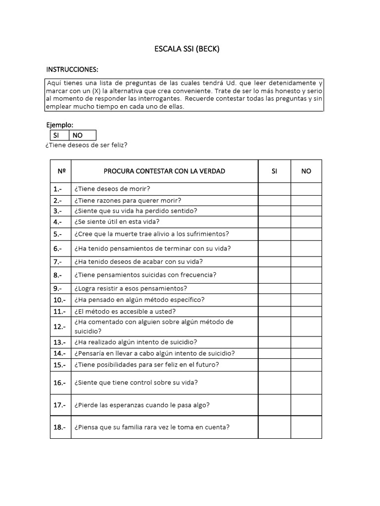 ESCALA DE IDEACIÓN SUICIDA - SSI (BECK) (Protocolo-Categorización) | PDF