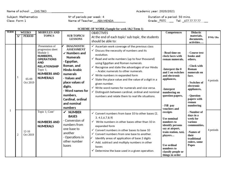 Scheme of Work Form 1 (Sample) 2wks | PDF