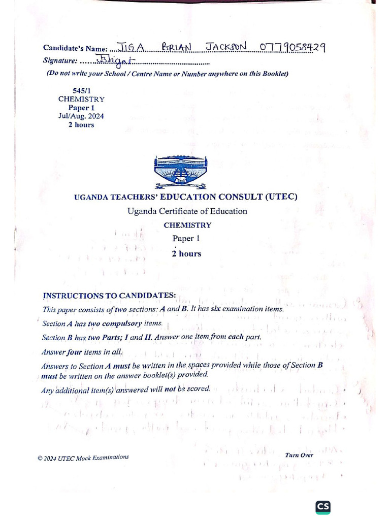 UTEC p1 Chemistry S4. 2024 Suggested Scoring Scheme | PDF