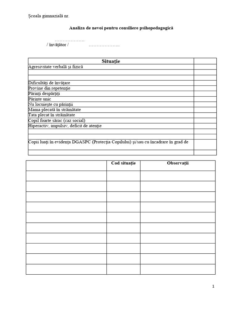 Analiza de Nevoi Pentru Consiliere - Initiala | PDF