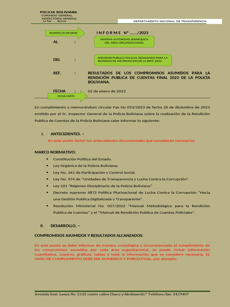 Modelo de Informe Rendicion de Cuentas Final 2023 | PDF | Bolivia | Policía