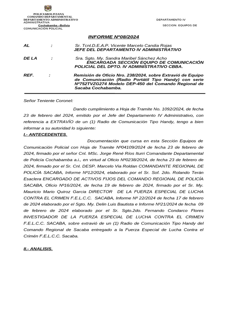 Informe #8 Remision A Didipi Por Extravio Felcc Sacaba | PDF