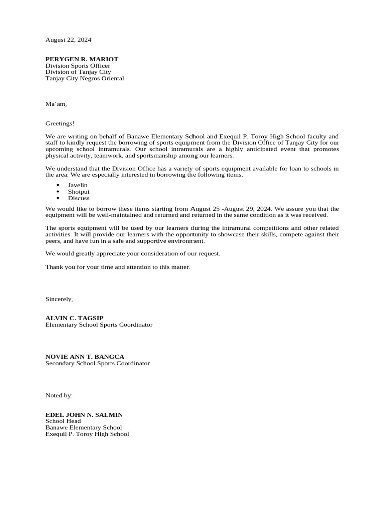 Letter Request (Sports Equipment) | PDF