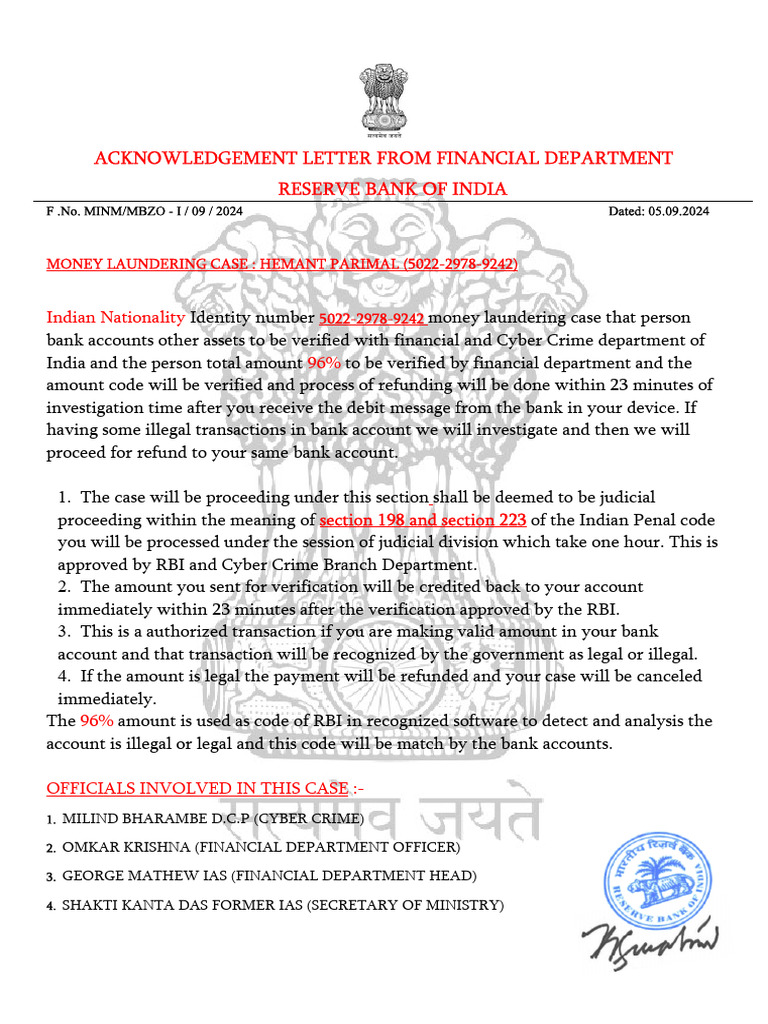 Hemant Parimal Rbi Letter - 1 | PDF