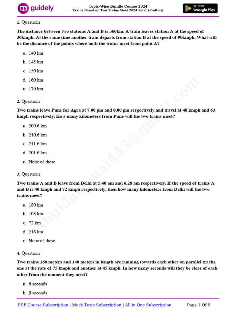 Train Based On Two Trains Meet Set - 1 | PDF
