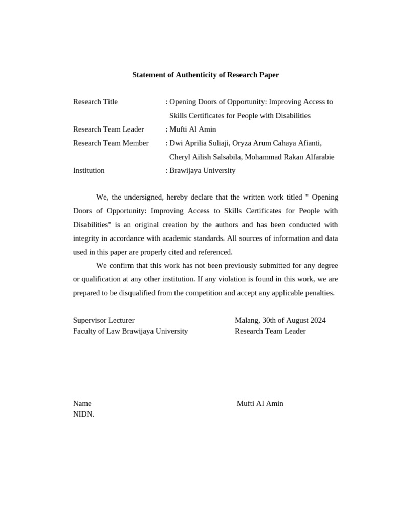 Statement of Authenticity of Research Paper | PDF