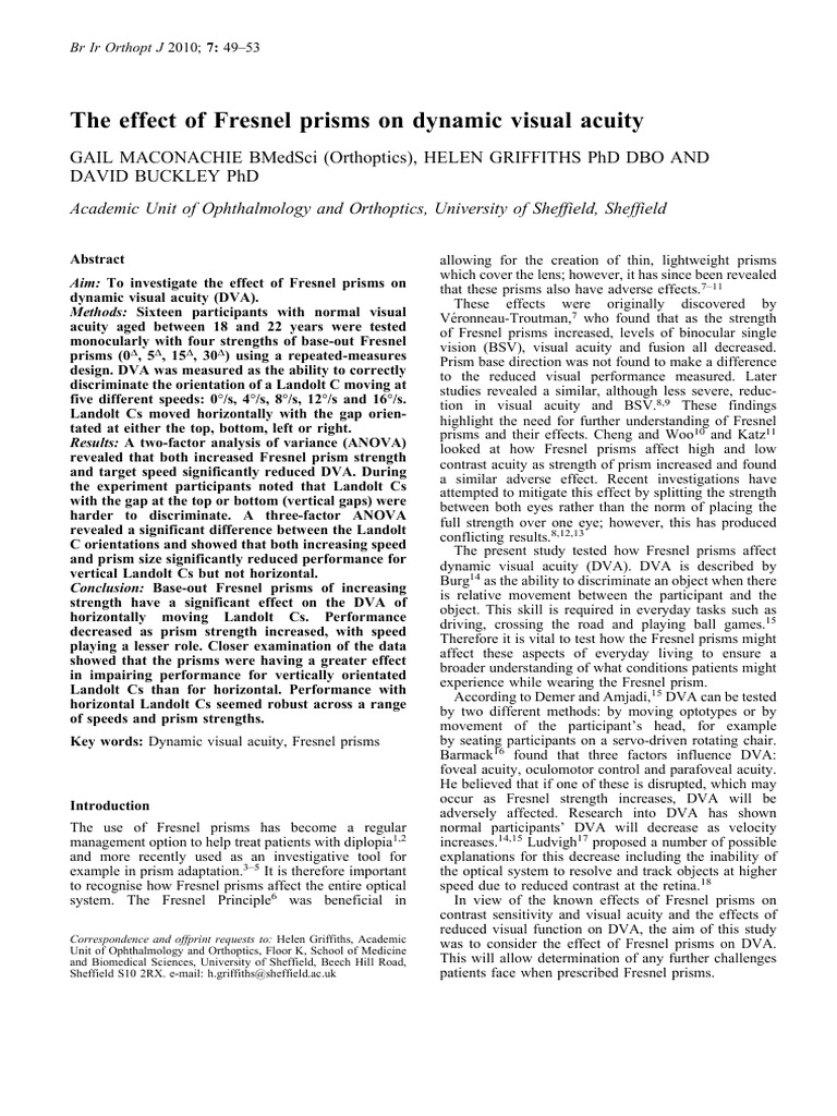 The Effect of Fresnel Prisms On Dynamic Visual Acuity | PDF | Visual ...