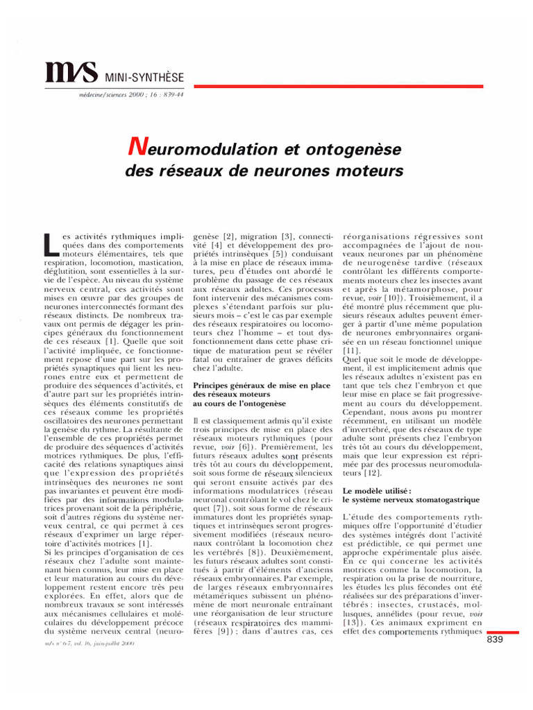 Jllis: Euromodulation Et Ontogenèse Des Réseaux de Neurones Moteurs | PDF
