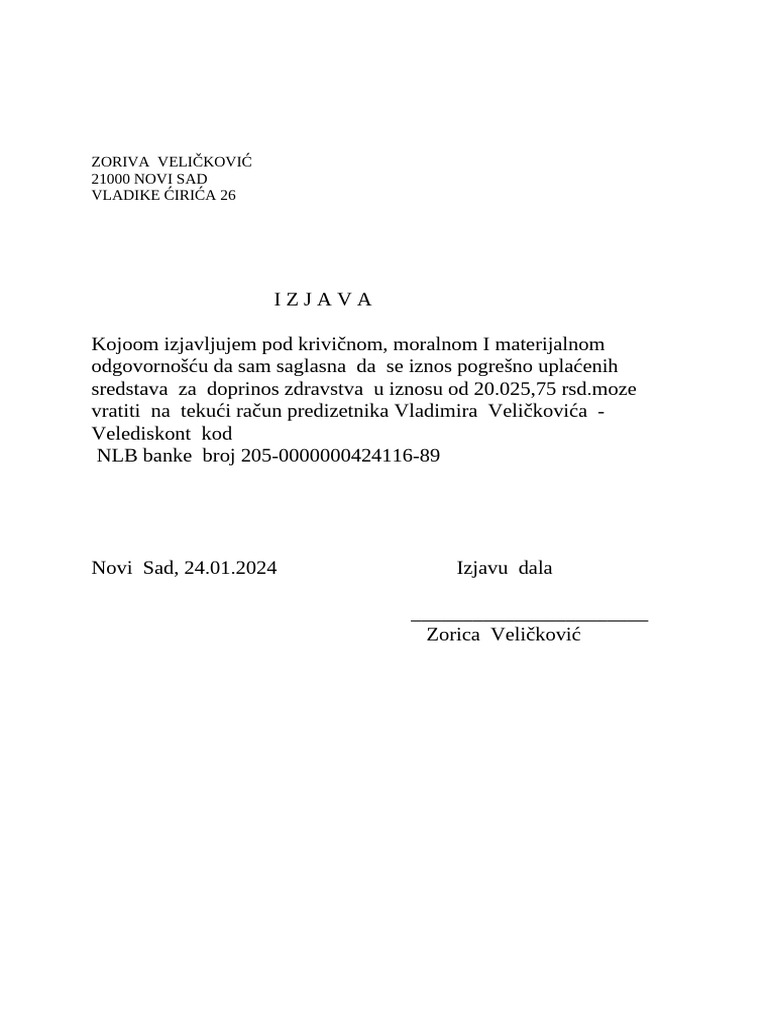 IZJAVA Zorica | PDF