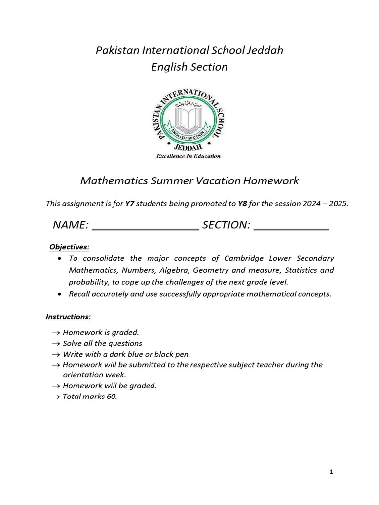 Y7 Math Holidays Homework Pisjes | PDF