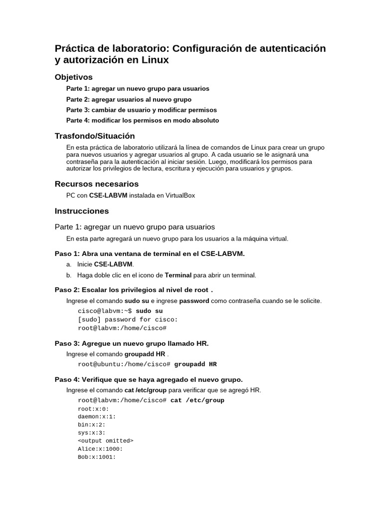 Práctica de Laboratorio Configuración de Autenticación y Autorización en Linux | PDF