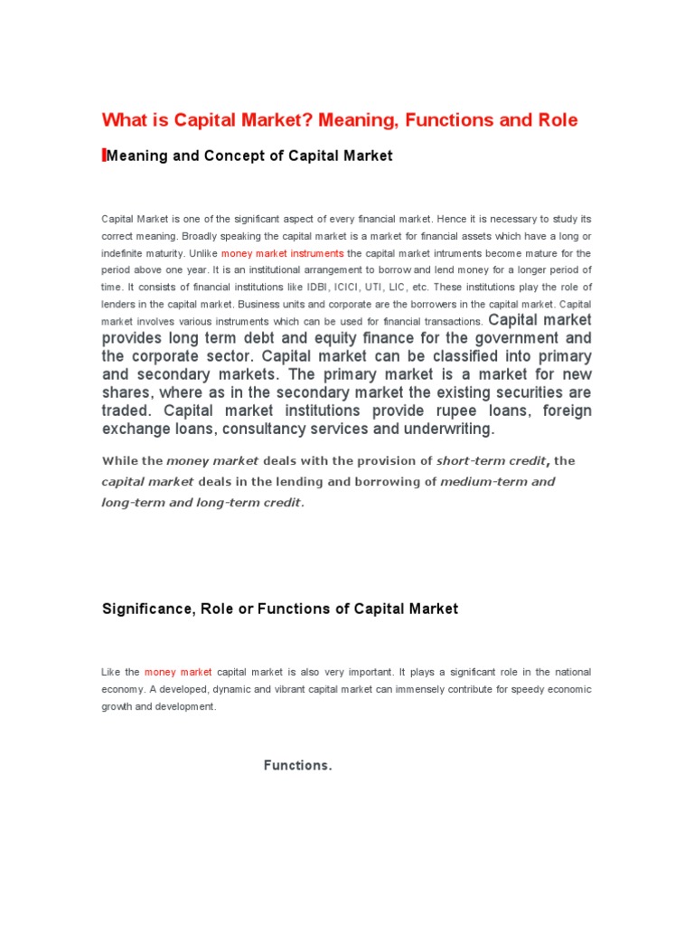 What Is Capital Market? Meaning, Functions and Role | PDF | Financial ...