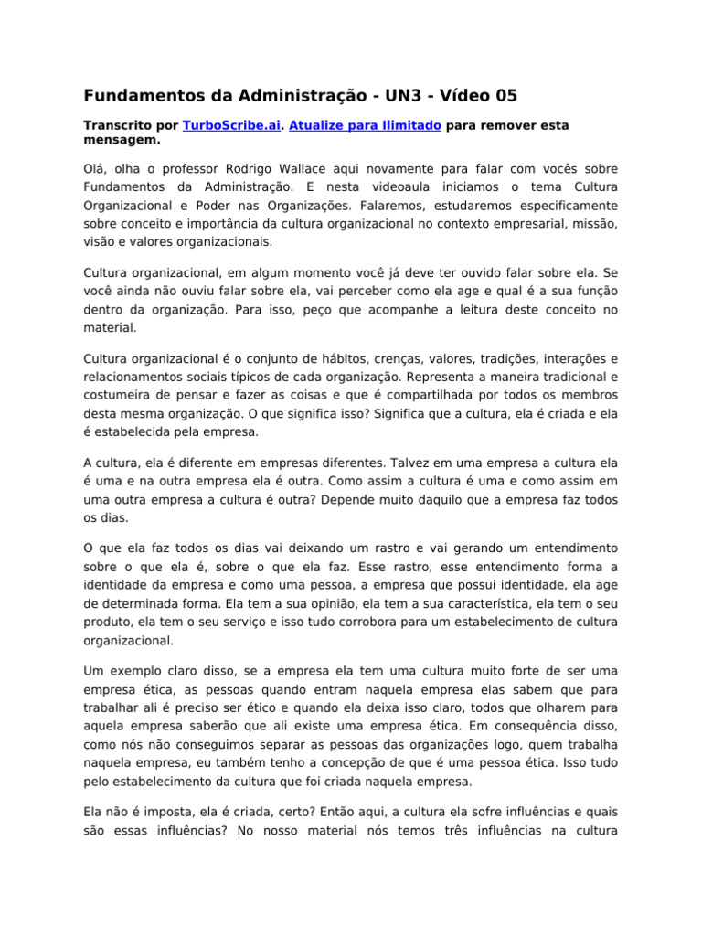 Fundamentos Da Administração - UN3 - Vídeo 05 | PDF