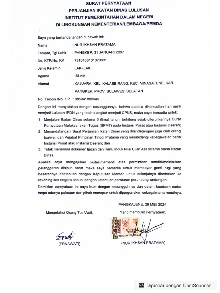 Surat Pernyataan Perjanjian Ikatan Dinas Pdf