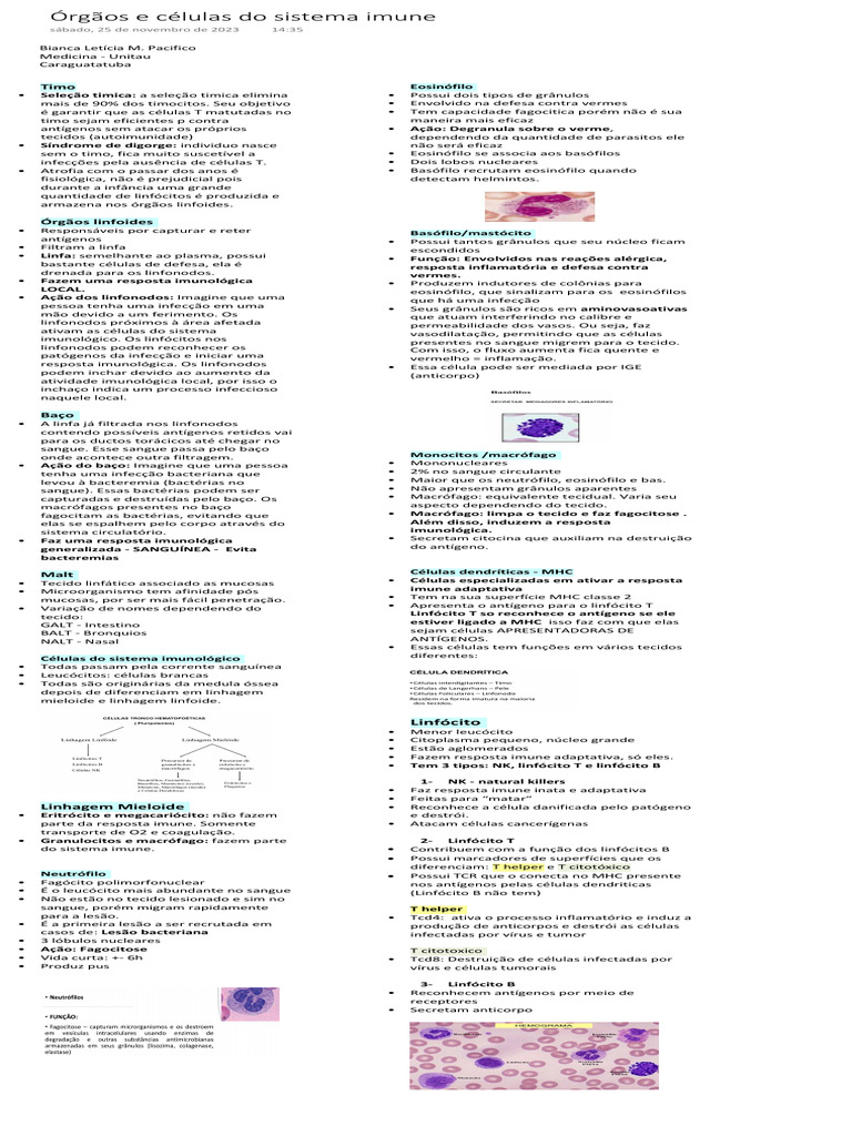 Órgãos e Células Do Sistema Imune | PDF | Sistema imunológico | Glóbulo branco